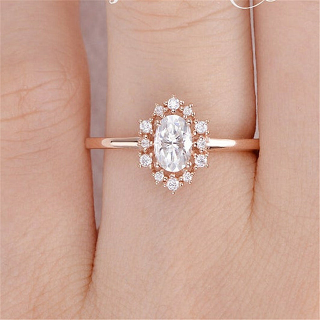 1.0CT Oval Cut Rose Gold Cluster Moissanite Engagement Ring – Aurous ...